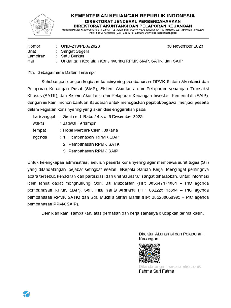 Undangan Kegiatan Konsinyering RPMK SiAP, SATK, Dan SAIP | PDF