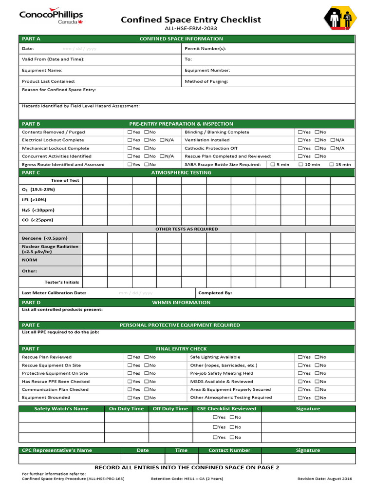 Confined Space Entry Checklist | PDF