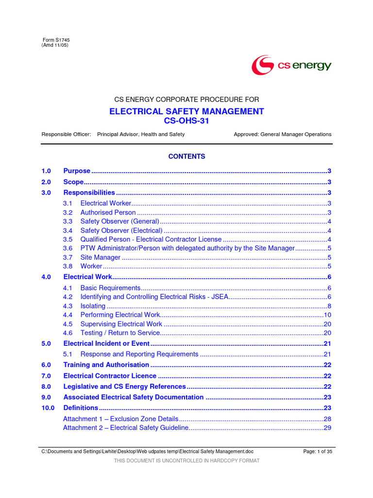 Electrical Safety Management Procedure | PDF
