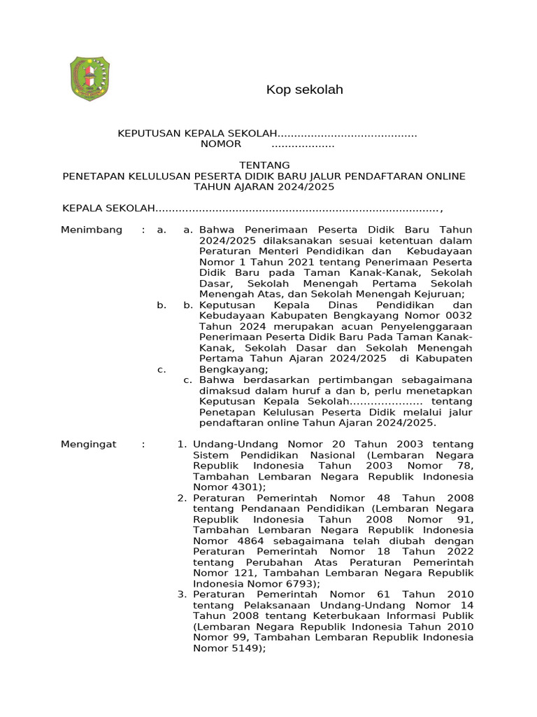 Contoh Draf SK Kelulusan PPDB | PDF