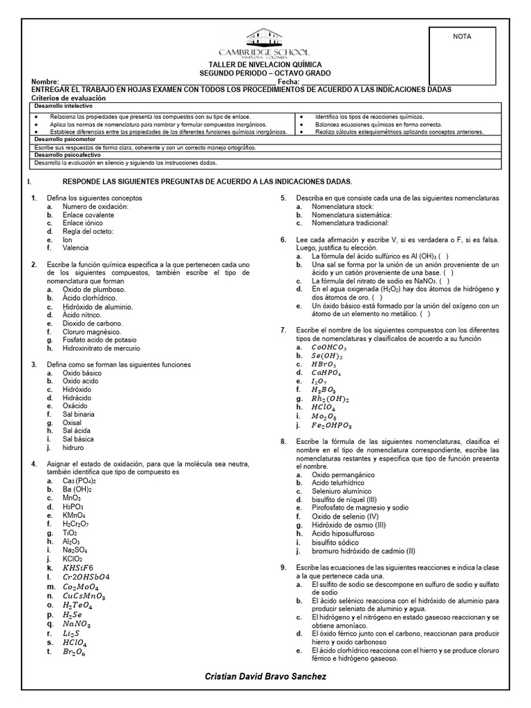 Taller Nivelacion Quimica Octavo Pdf
