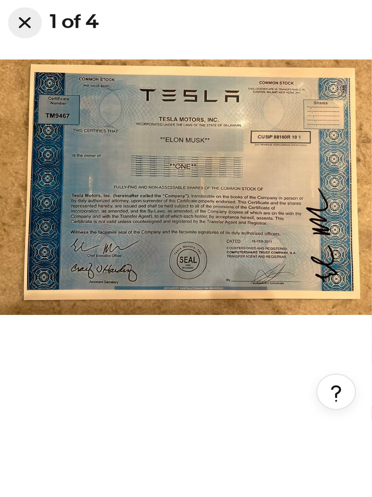 Elon Musk Signed 8.5x11 Tesla Stock Print Certificate Autograph ...