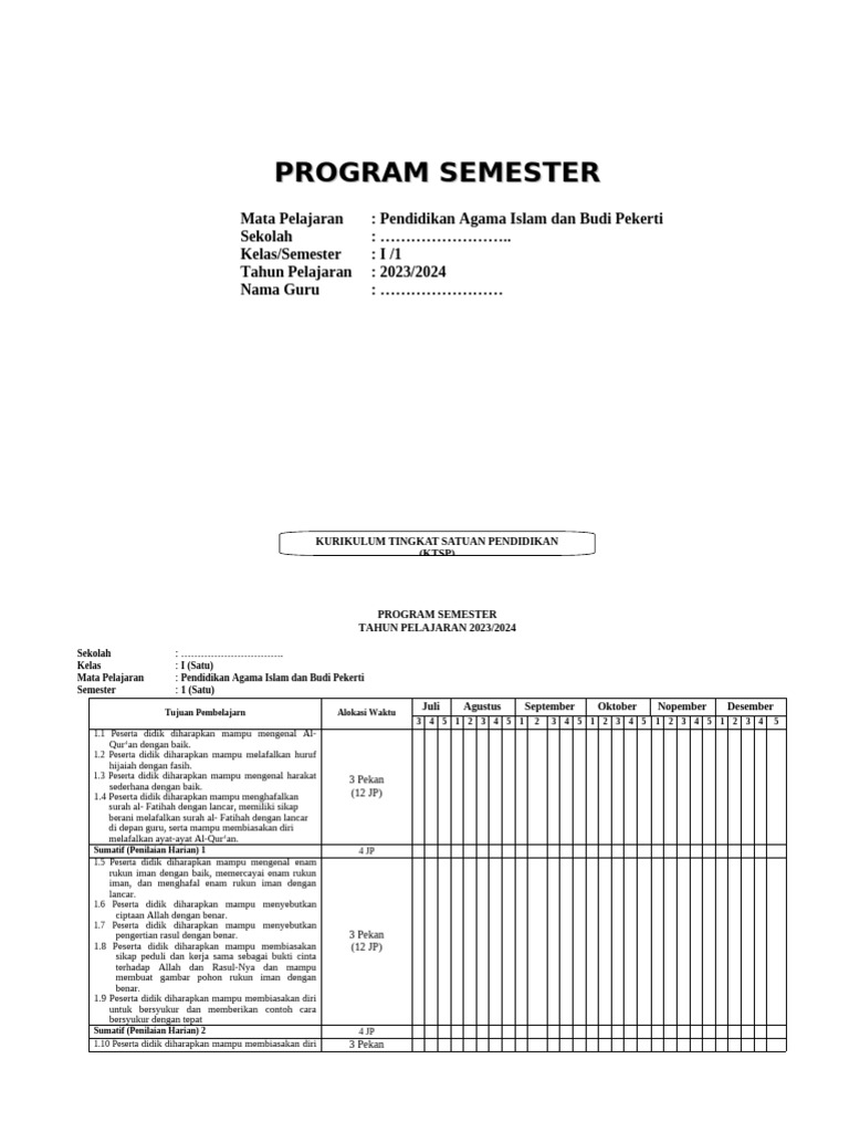 Program Semester Kelas 1 | PDF