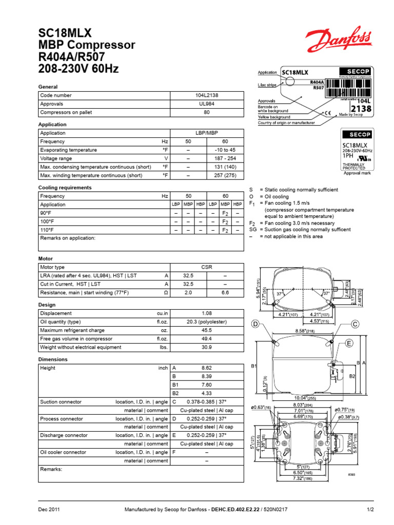 Compresseur Danfoss Secop Sc18mlx | PDF