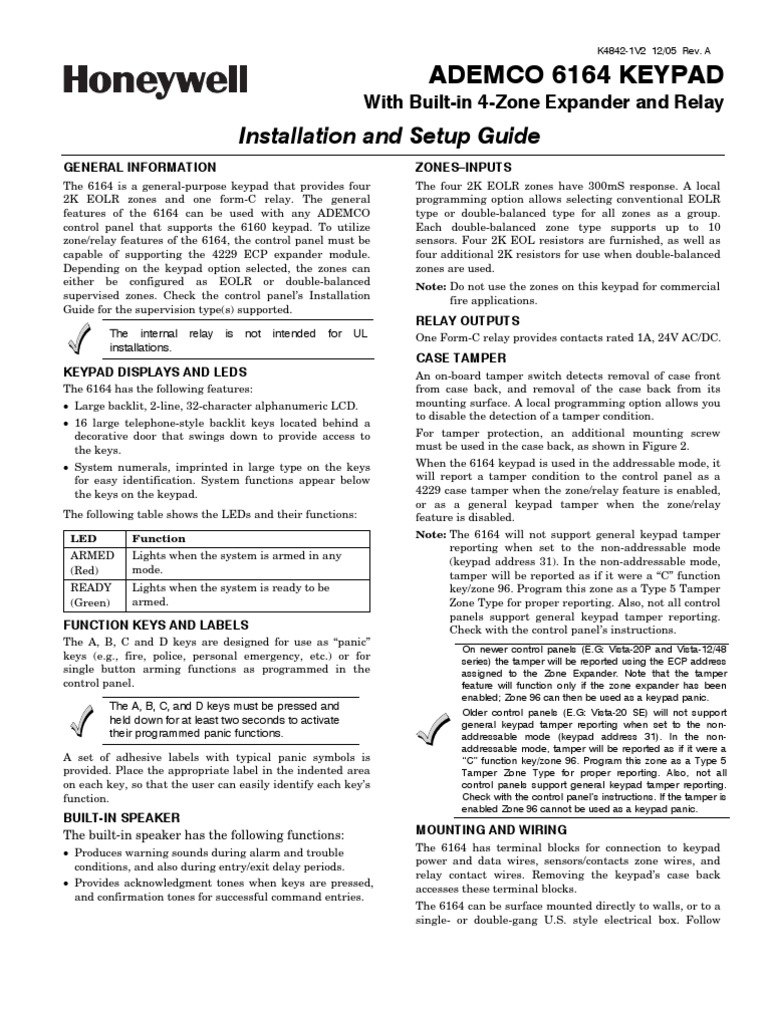 6164 Keypad Ademco | PDF | Relay | Backlight