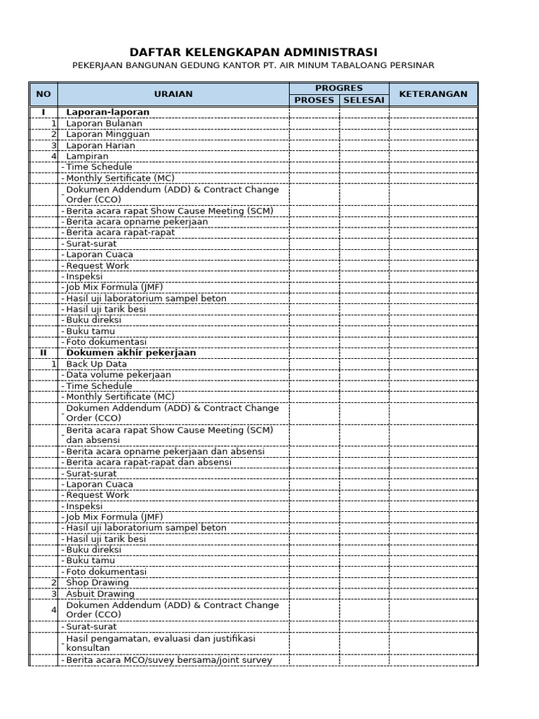 Ceklis Kelengkapan Administrasi Proyek | PDF