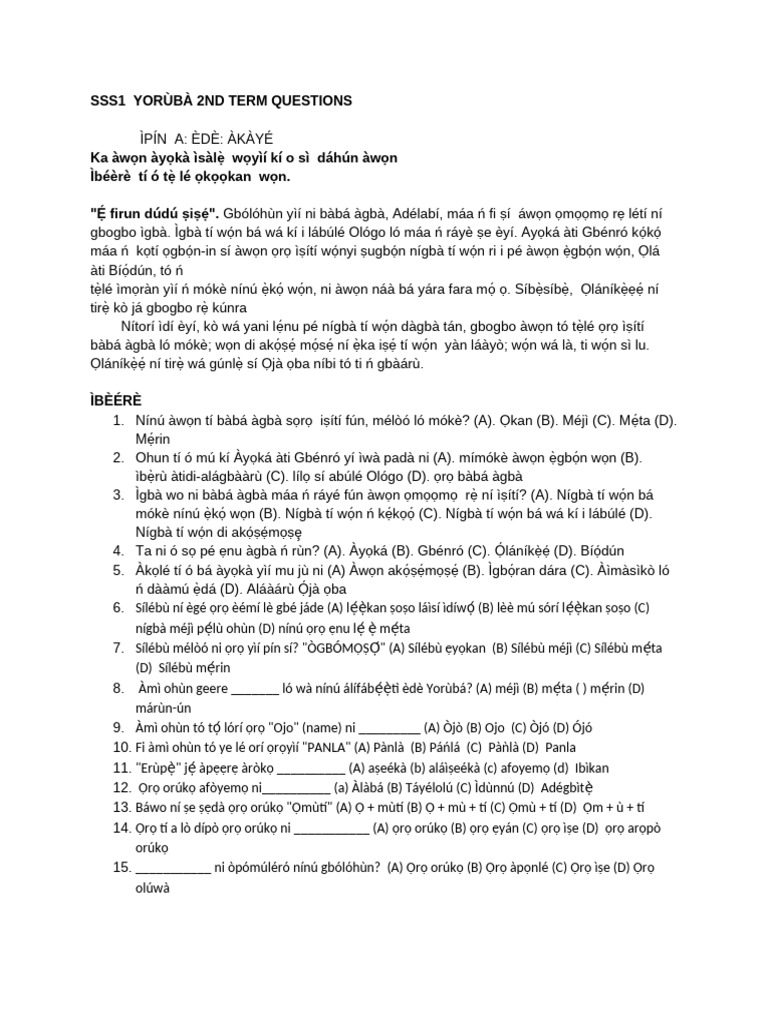 SS1 Yoruba 2nd Term Exam Questions | PDF | Foreign Language Studies ...