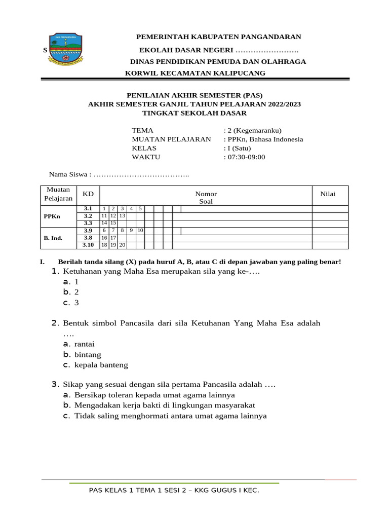 SOAL PAS Kelas 1 Tema 2 (PKN, B, Ind) Sesi 1 | PDF