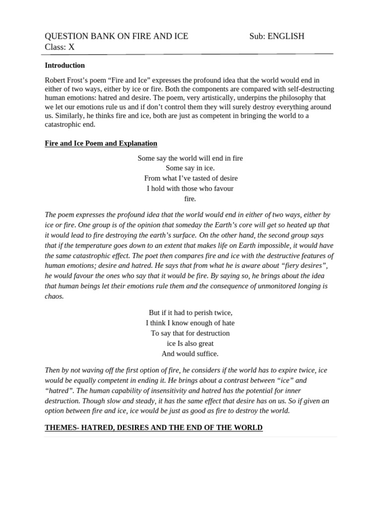 Fire and Ice - Class 10 Question Bank | PDF