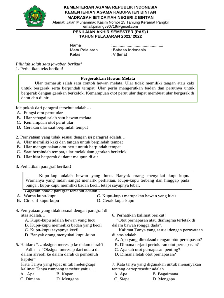 Soal Pas Bindo Kls 5 | PDF