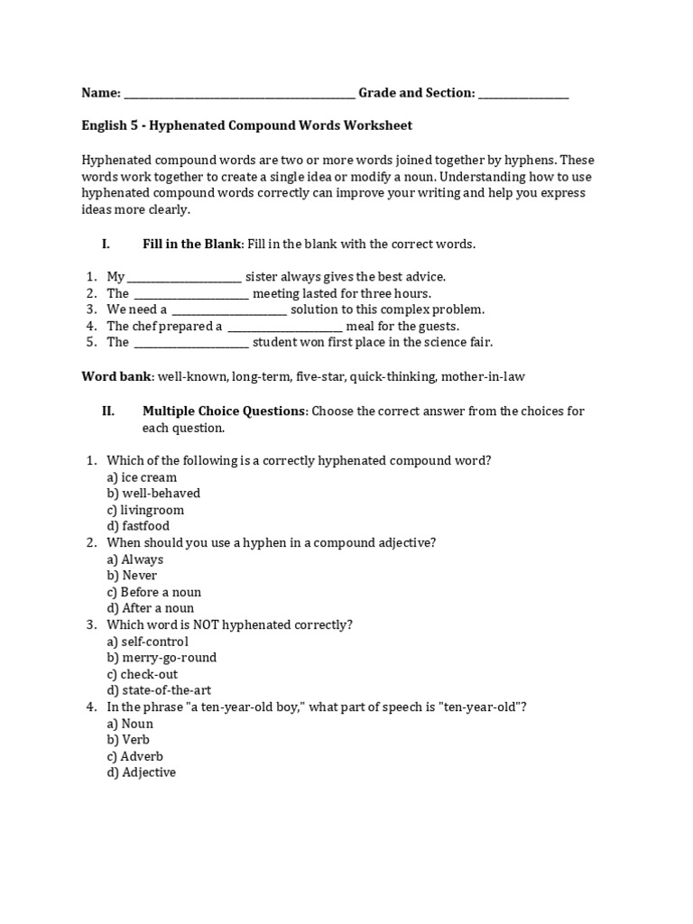 Worksheet Hyphenated Compound Words | PDF