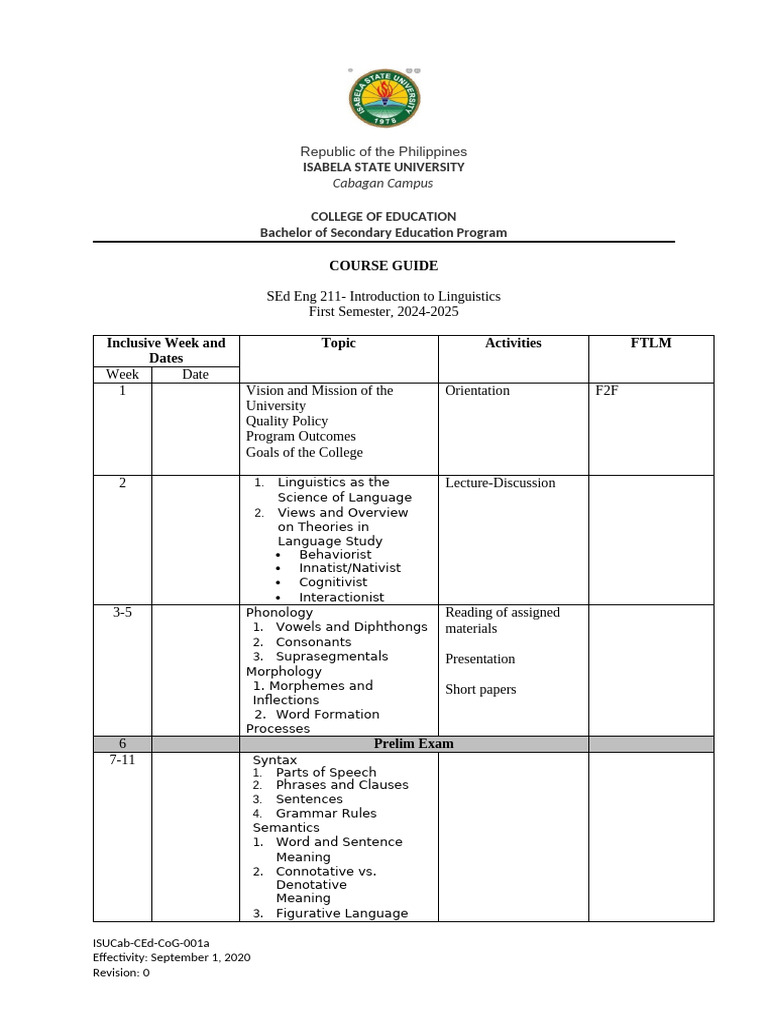 COURSE GUIDE in Eng 211 SY 2024 | PDF | Linguistics | Word