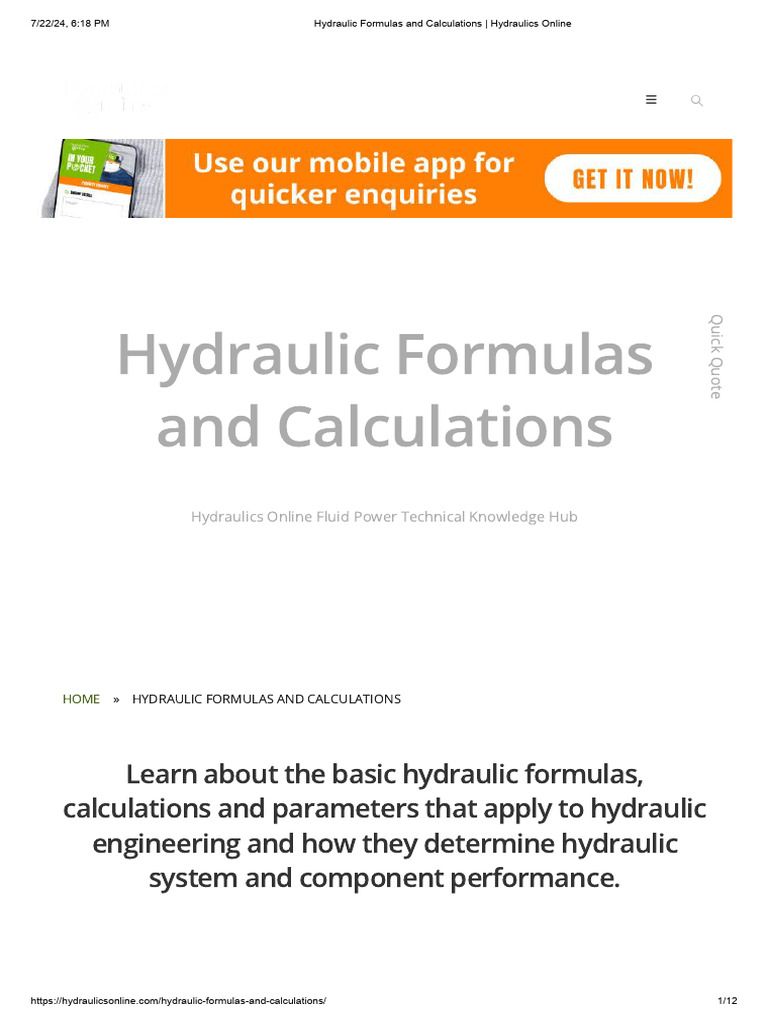Hydraulic Formulas and Calculation | PDF