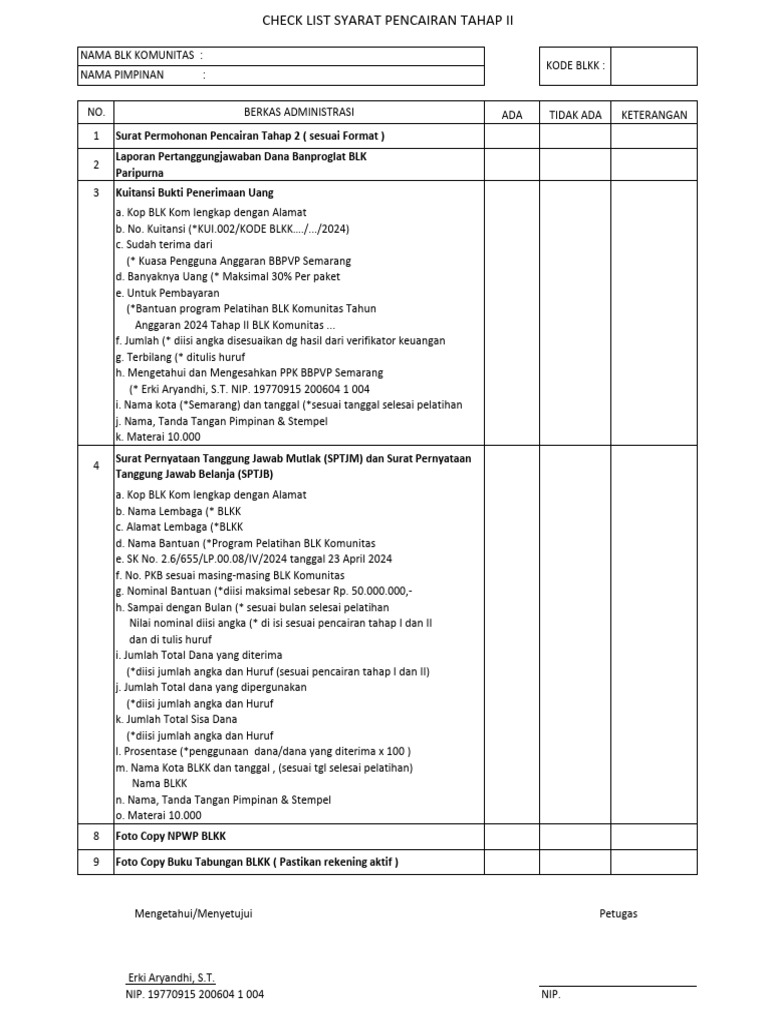 Cheklist Pencairan BLKK 2024 Tahap 2 | PDF