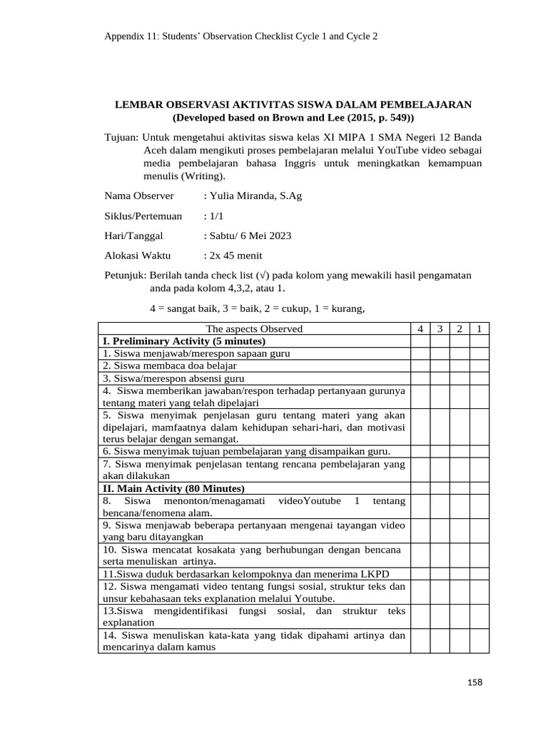 Students' Obs. checklist | PDF Students' Obs. checklist | PDF