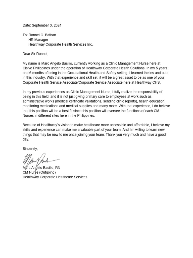 Letter of Intent For Csa Position - Marc Angelo Basilio (Signed) | PDF