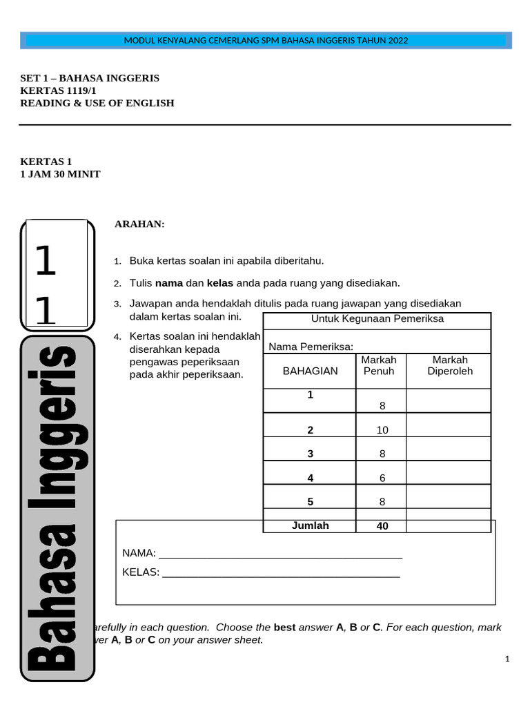 Modul Pelajar (Kertas 1 Reading) | PDF