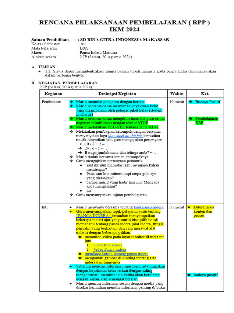 Jumran - RPP - IPAS - Panca Indera Manusia | PDF