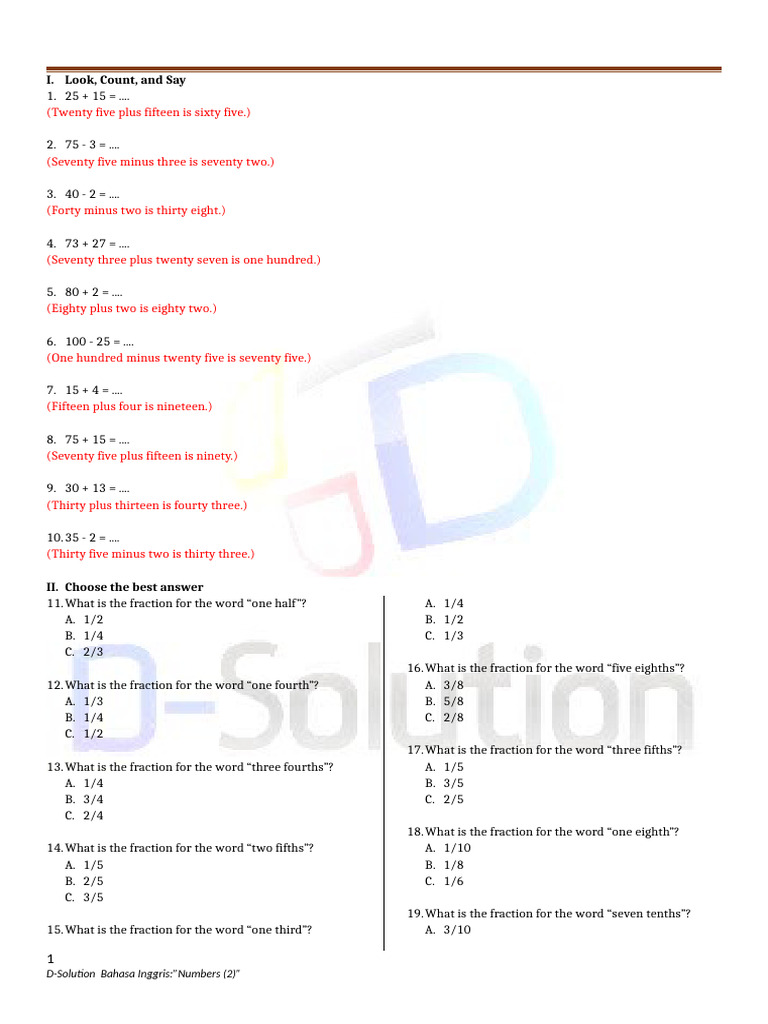 soal bahasa inggris kelas 4 semester 1 numbers (2) | PDF