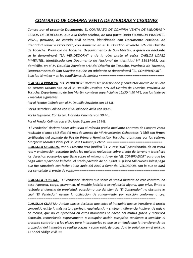 Contrato de Compra Venta de Mejoras y Cesiones | PDF