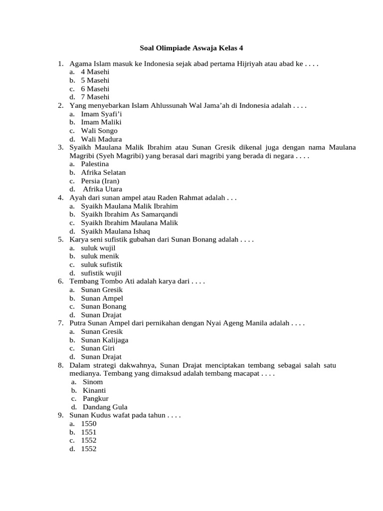 Soal Seleksi Aswaja Kelas 4 | PDF