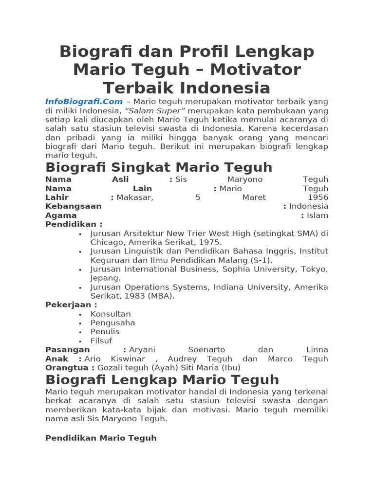 Biografi dan Profil Lengkap Mario Teguh | PDF