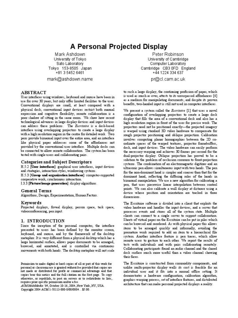 A Personal Projected Display: Mark Ashdown Peter Robinson | PDF ...