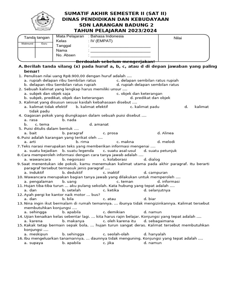 Sat B Indonesia Kelas 4 Semester 2 | PDF