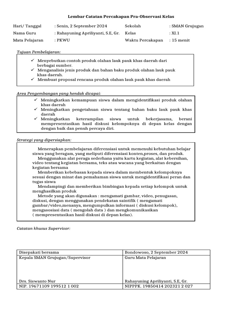 Contoh Catatan Percakapan Pra-Observasi Kelas | PDF