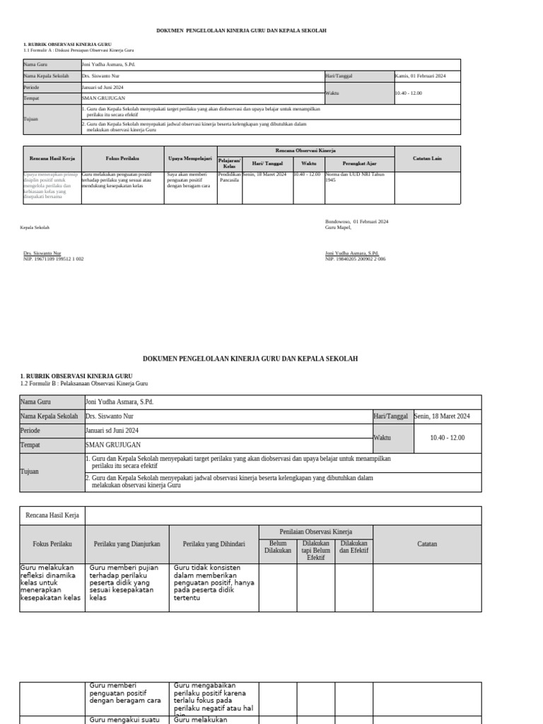 Contoh Isian Form Observasi Guru Joni Yudha A | PDF