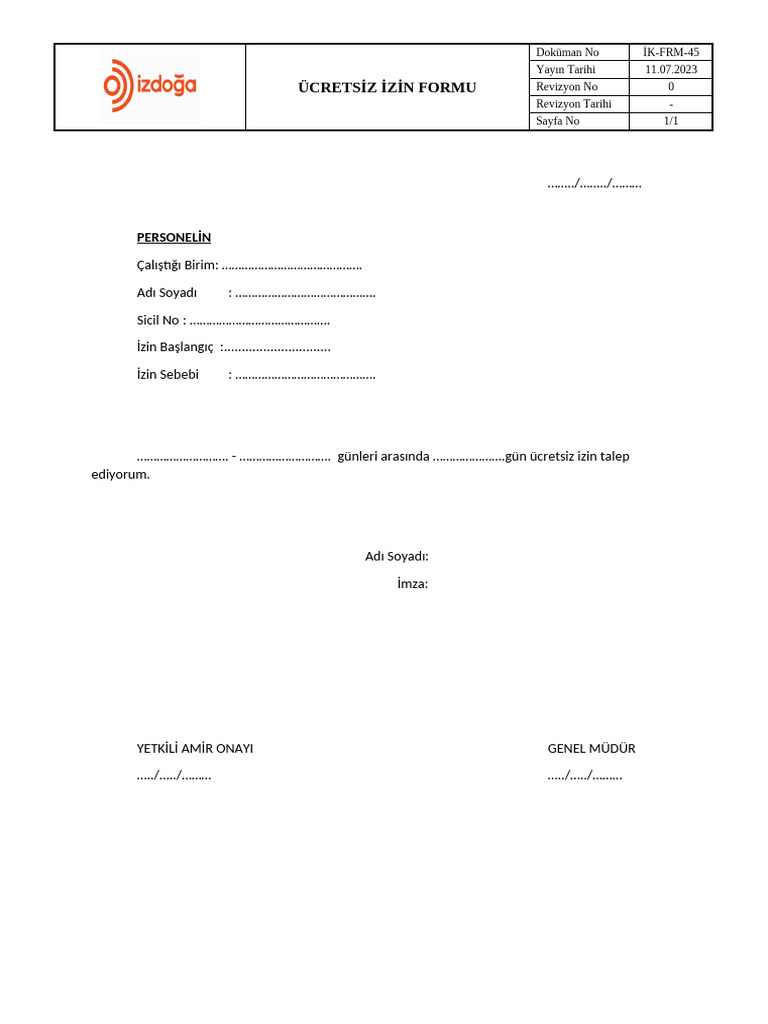 Ik FRM 45 Ucretsiz Izin Formu 1690402603 | PDF