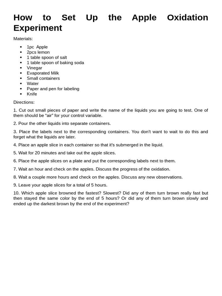 How To Set Up The Apple Oxidation Experiment | PDF