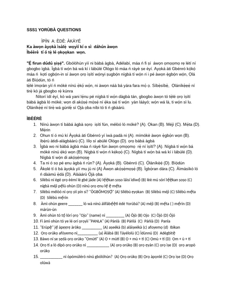 SS1 Yoruba Exam Questions and Answers | PDF