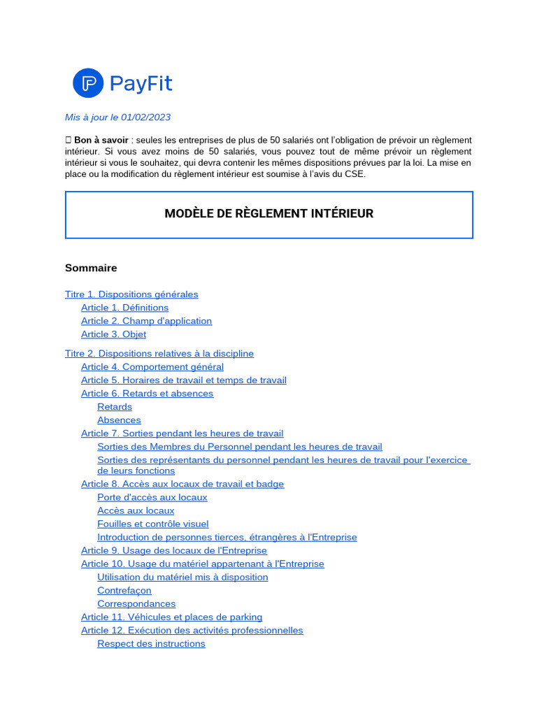 Modele Reglement Interieur Entreprise | PDF