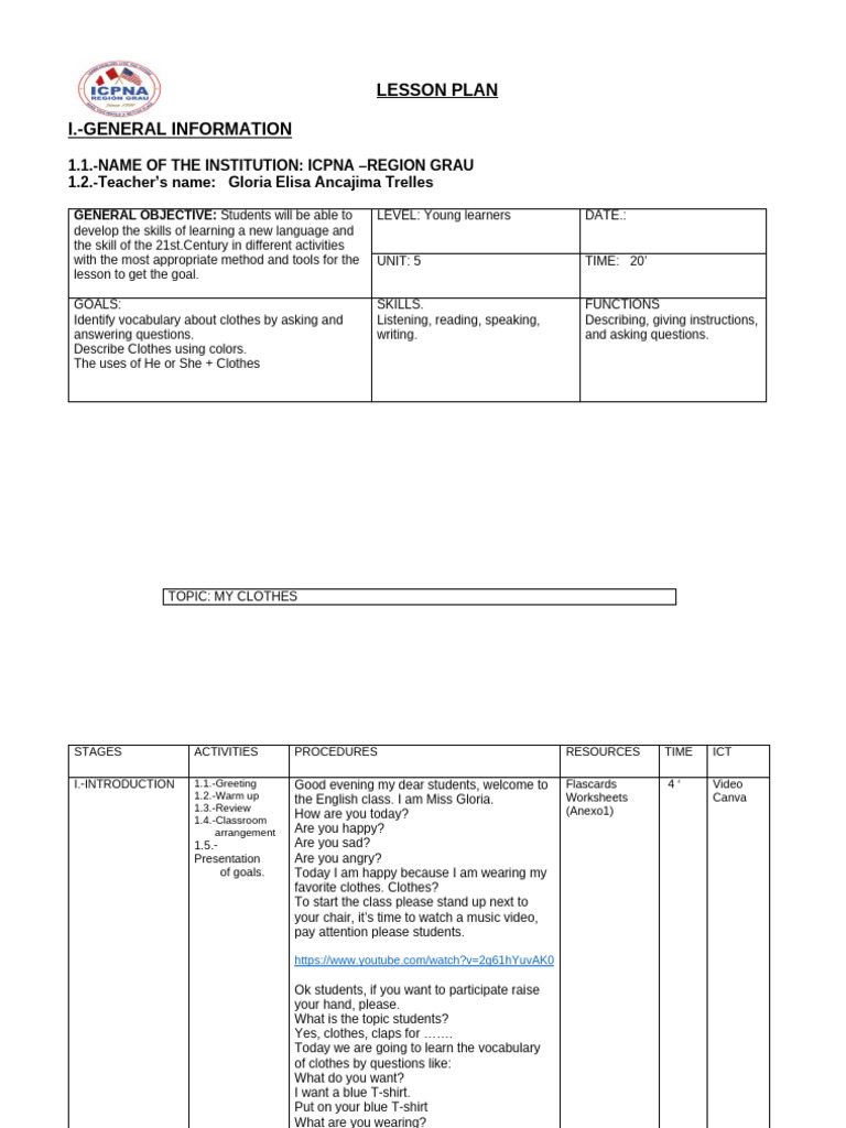 LESSON PLAN ICPNA - Gloria Ancajima (3) | PDF