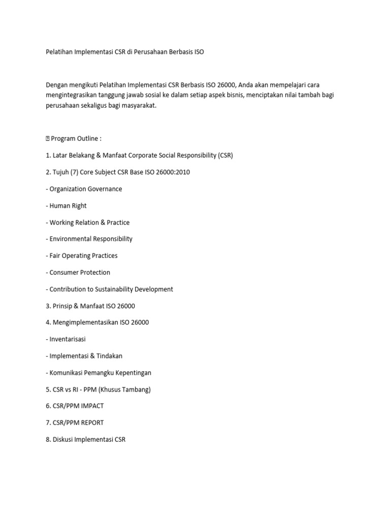 Pelatihan Implementasi CSR Di Perusahaan Berbasis ISO | PDF