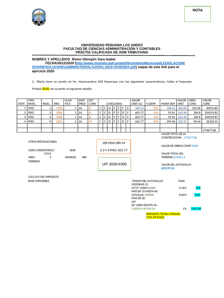 Practica Solo Predial 2020 ROMO OBREGON SARA | PDF