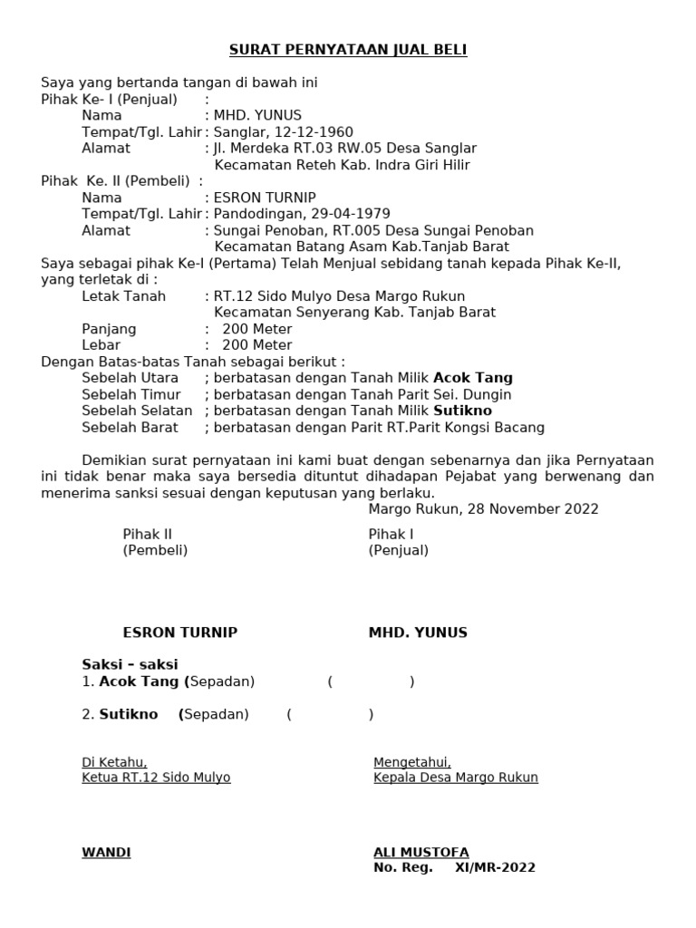 Surat Pernyataan Jual Beli | PDF