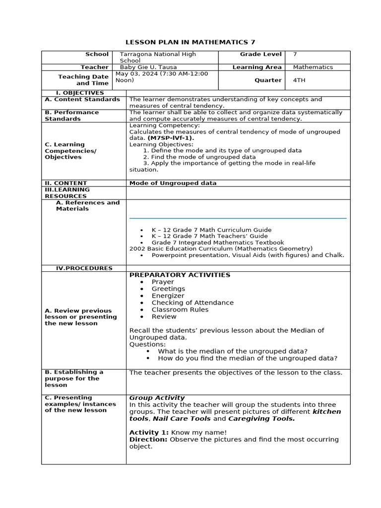 Lesson Plan Math 7-Final (May 03, 2024) | PDF
