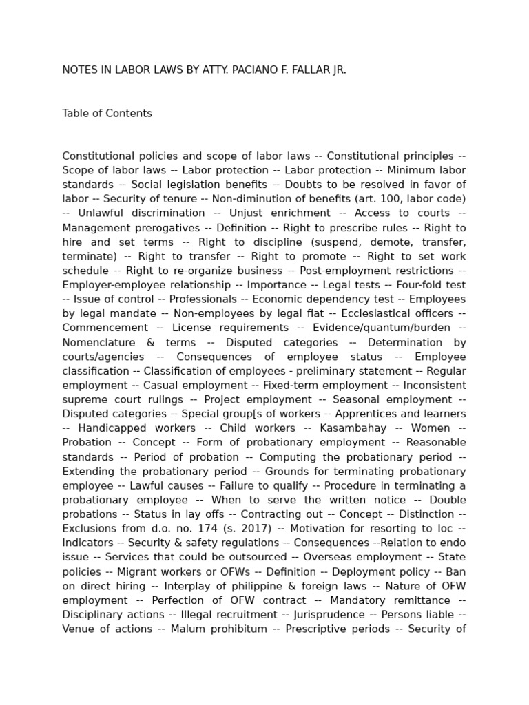 NOTES IN LABOR LAWS Table of Contents | PDF