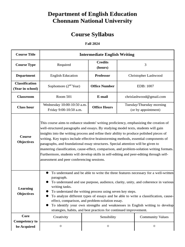2024-Fall Syllabus-Intermediate English Writing | PDF