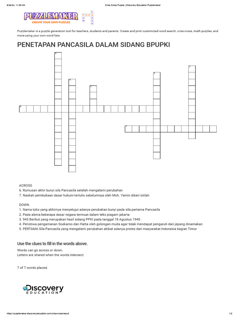 Criss Cross Puzzle - Discovery Education Puzzlemaker | PDF