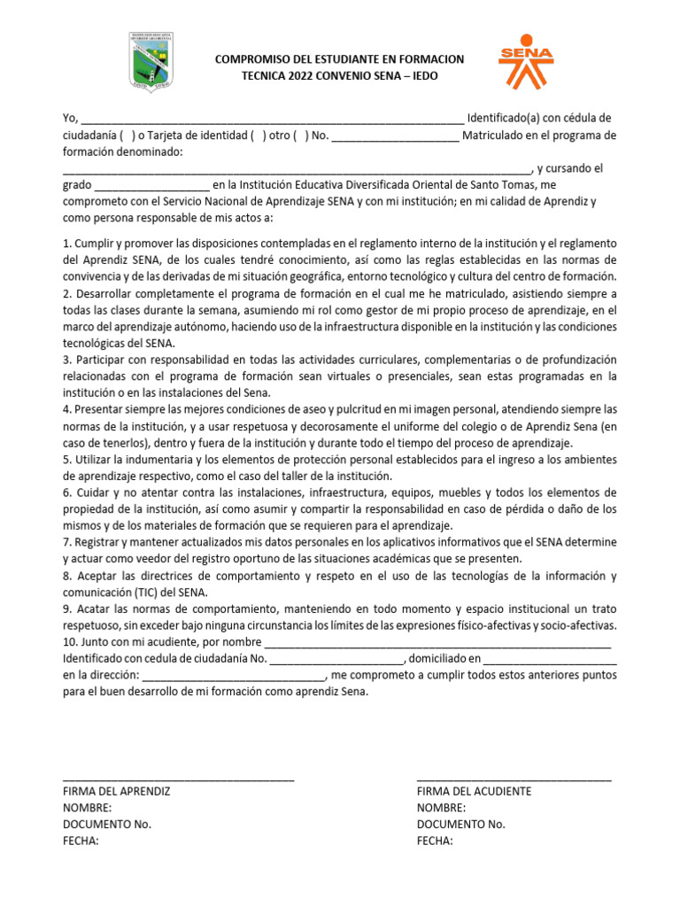 Compromiso Institucional Del Estudiante en Formacion Sena | PDF