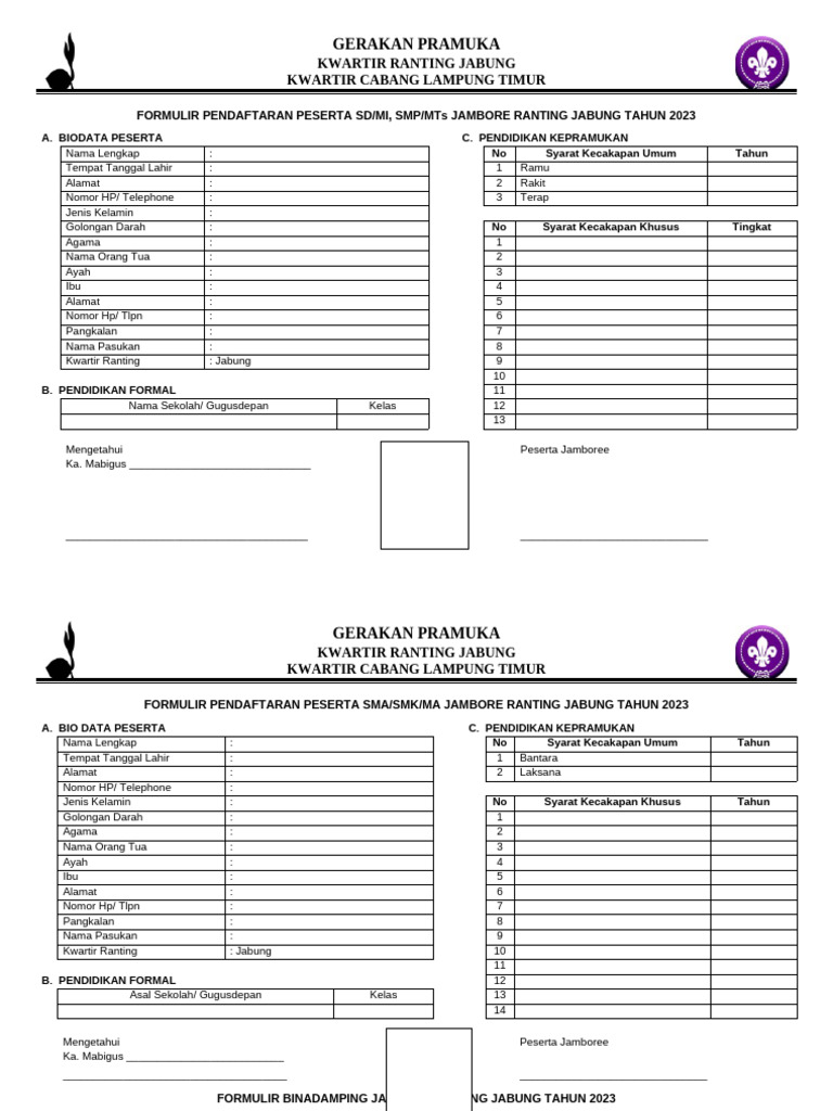 Formulir Pendaftaran Peserta Jambore Ranting Jabung Tahun 2023 | PDF