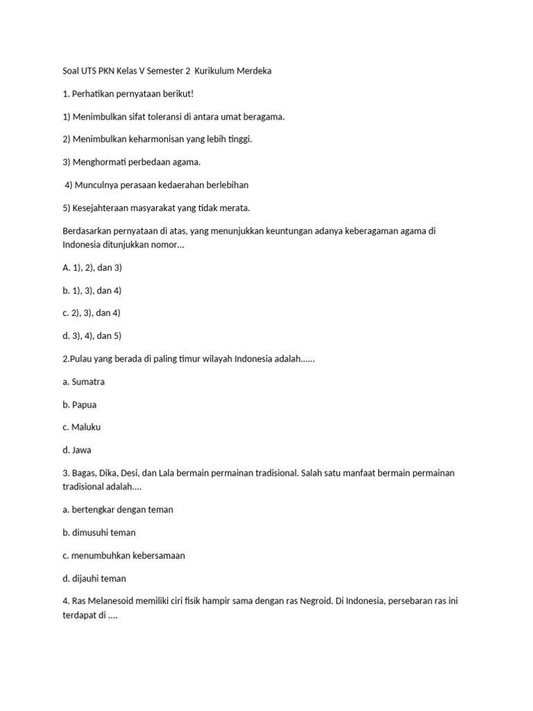Soal UTS PKN Kelas V | PDF