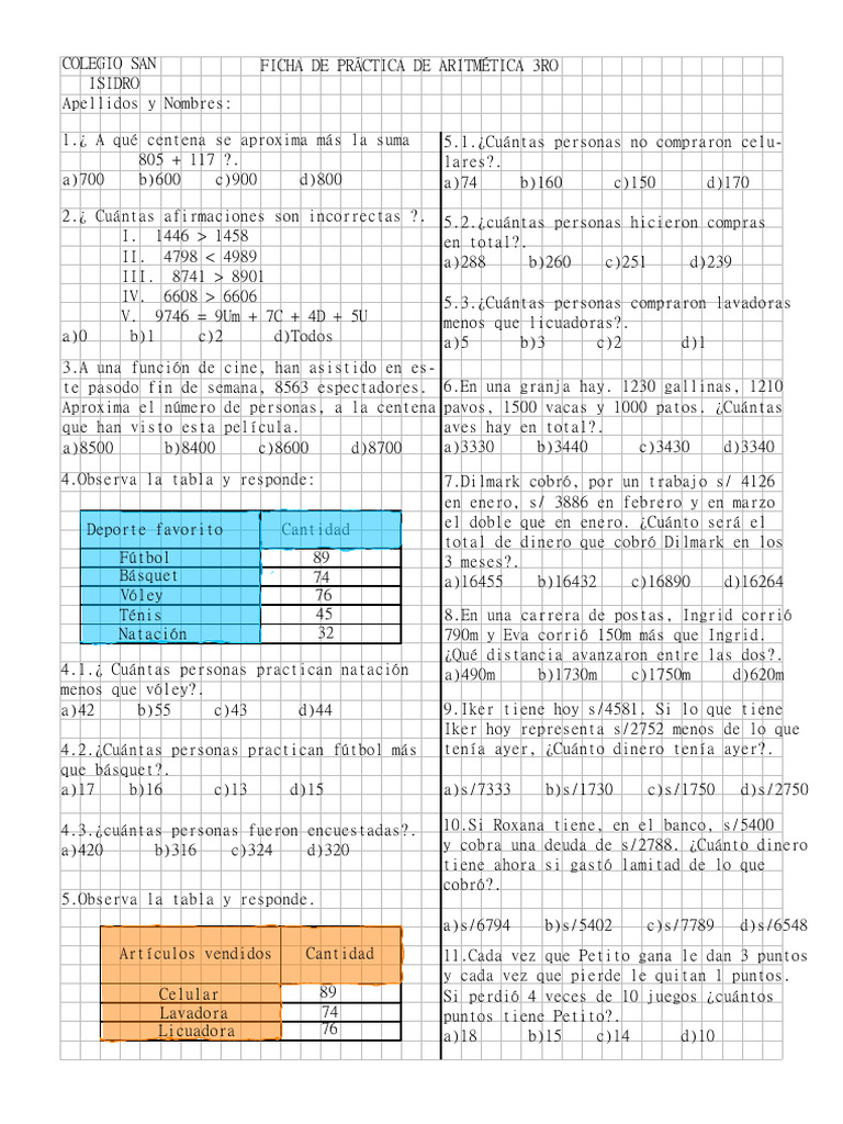 Práctica de Aritmética 3ro | PDF