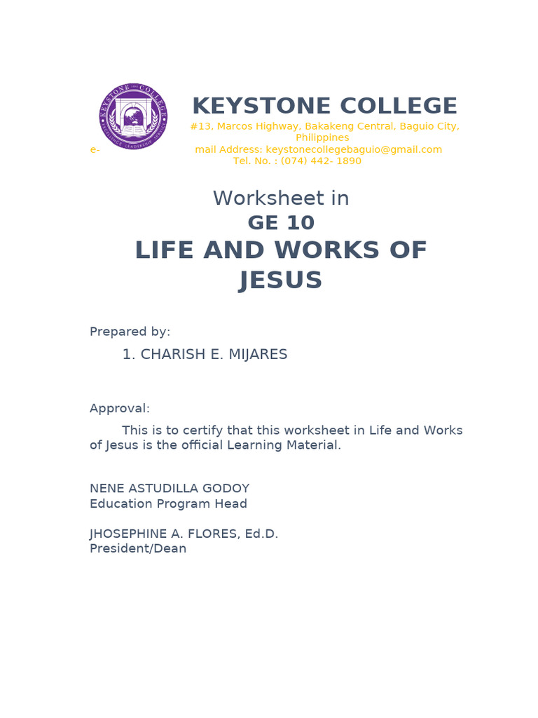 GE 12 The Life and Works of Jesus Christ - Worksheets. | PDF | Jesus ...