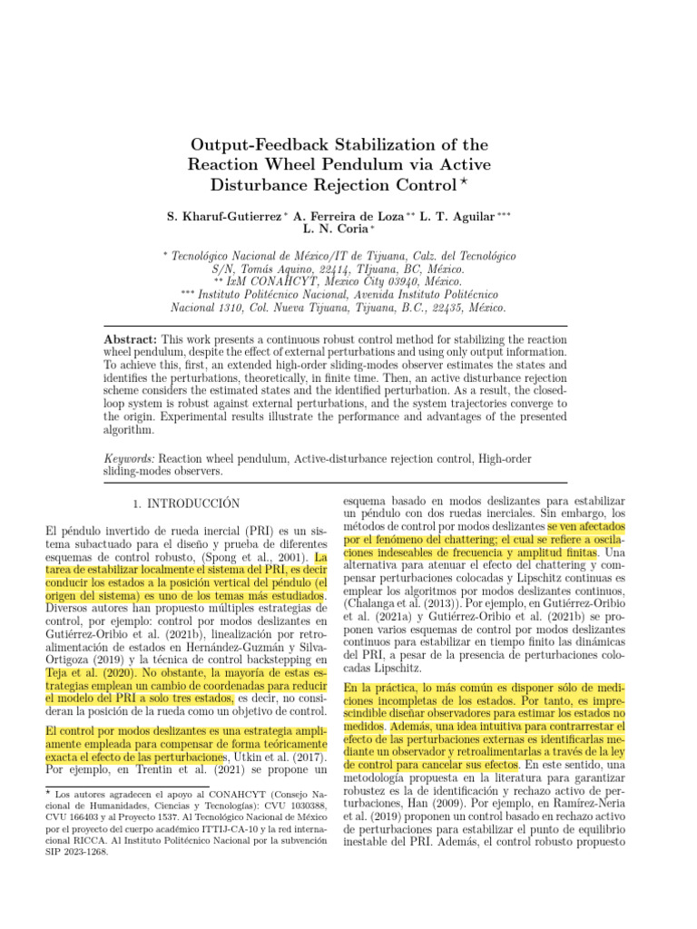 Output-Feedback Stabilization of The Reaction Wheel Pendulum Via Active Disturbance Rejection ...