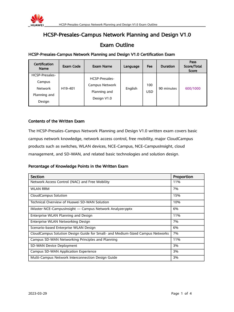 HCSP-Presales-Campus Network Planning and Design V1.0 Exam Outline | PDF