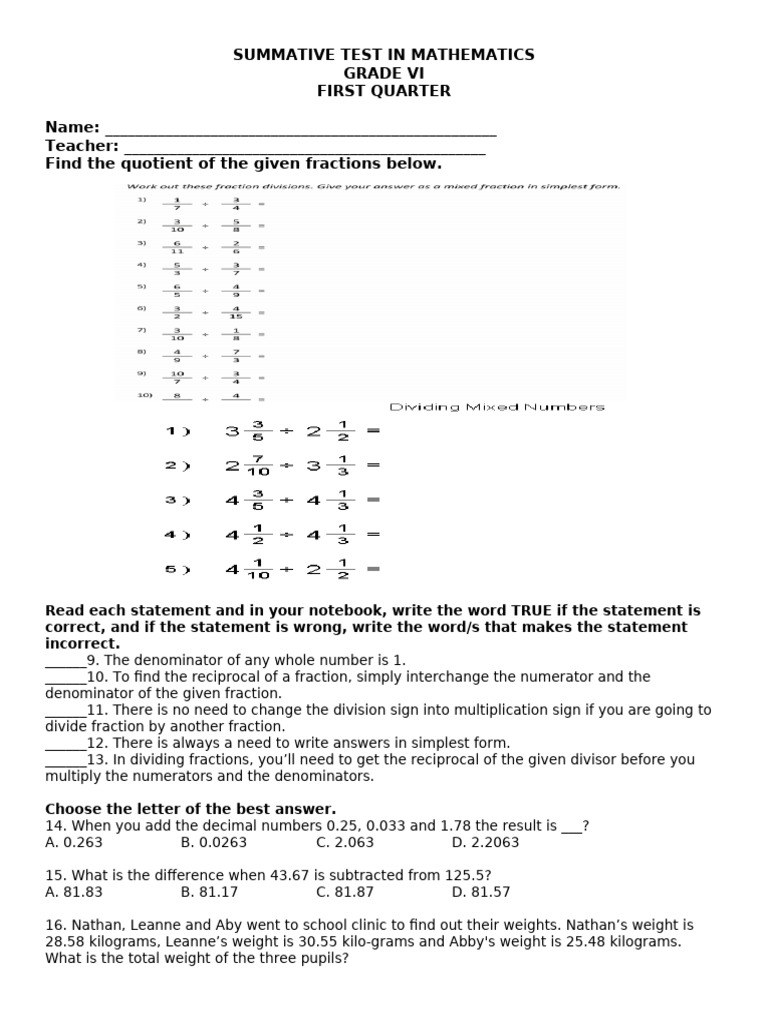 Summative Test # 2 in Mathematics | PDF